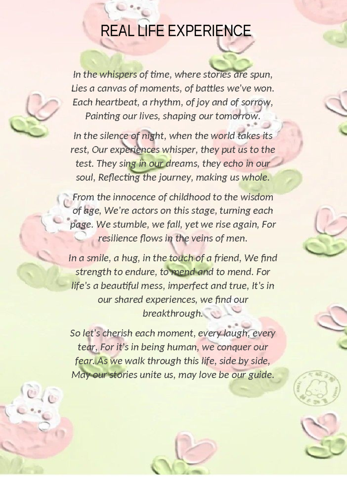 english poem in creative writing - REAL LIFE EXPERIENCE In the whispers ...