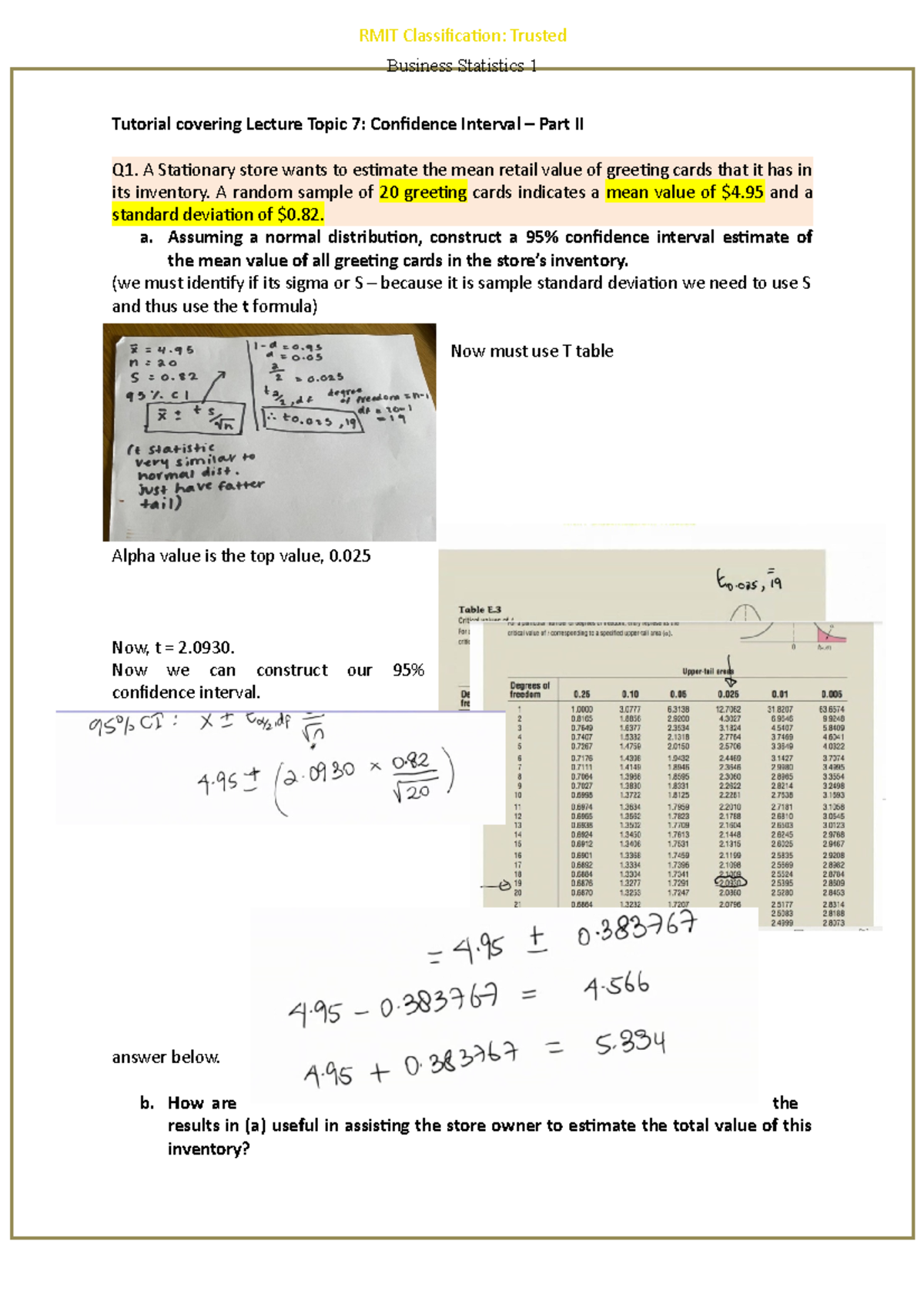 Tutorial week 8 covering Topic 7 - confidence intervals p2 - Business Statistics 1 Tutorial ...