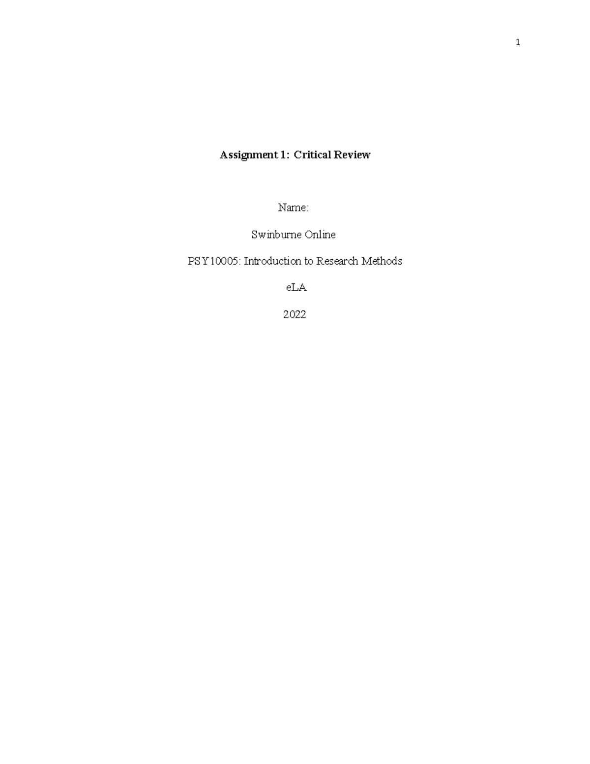 APA Format - Ttile Page and Paper - 1 Assignment 1: Critical Review ...