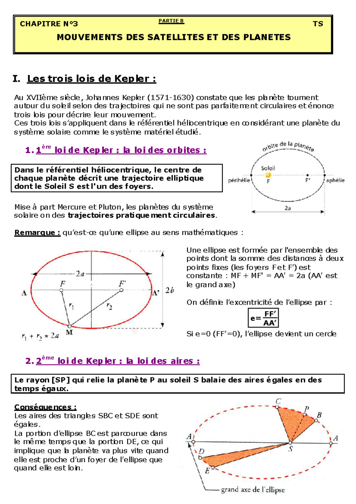 Ts b chap n 3 mouvement des satellites - I. Les trois lois de Kepler ...