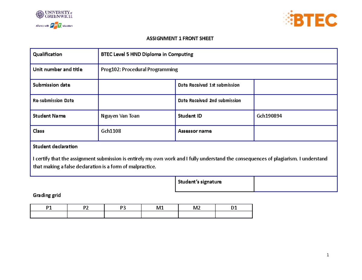 Asm 1 - bai nay khong nen tham khao - ASSIGNMENT 1 FRONT SHEET Qualification BTEC Level 5 HND ...