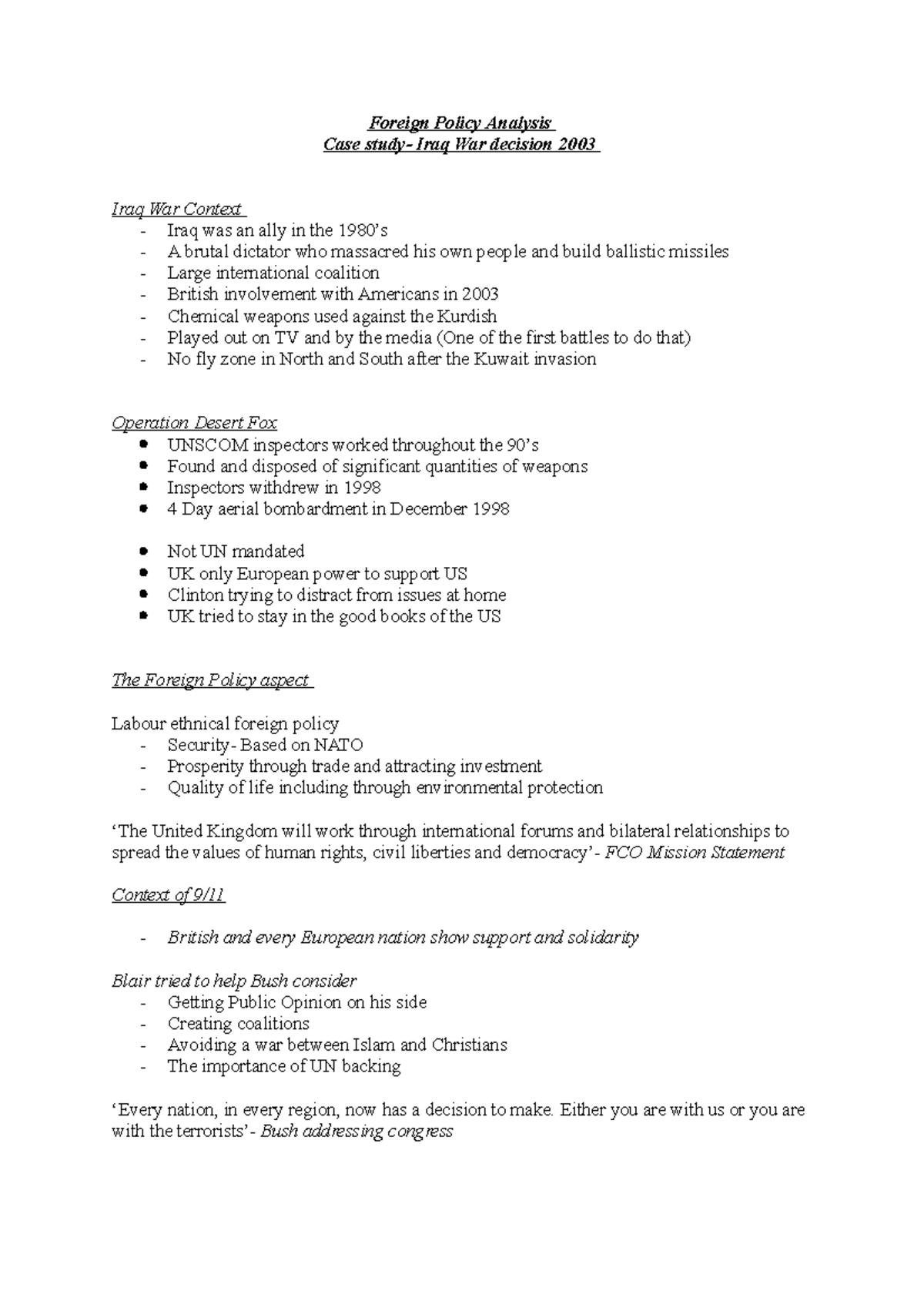 FPA- Iraq War - Lecturer- Andrew Defty - Foreign Policy Analysis Case ...