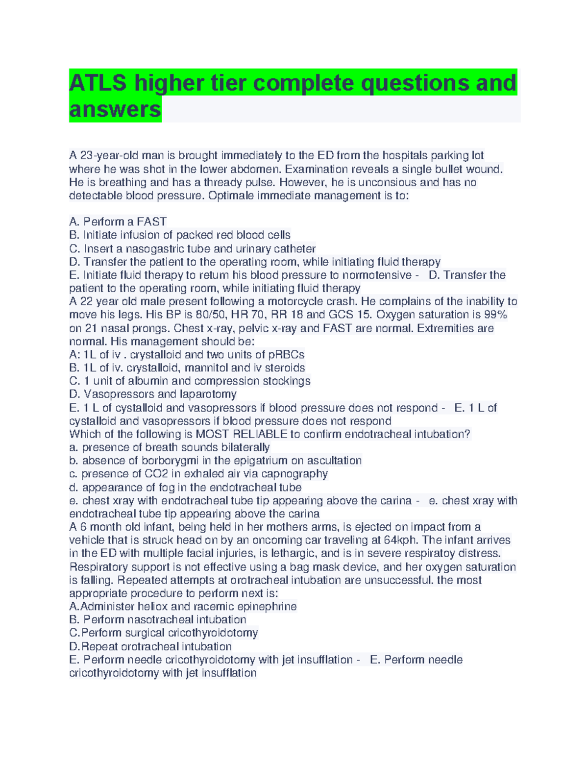 ATLS higher tier complete questions and answers - ATLS higher tier ...
