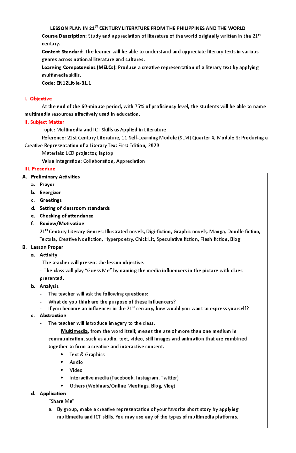 Lesson Plan-Multimedia Platforms - LESSON PLAN IN 21ST CENTURY ...