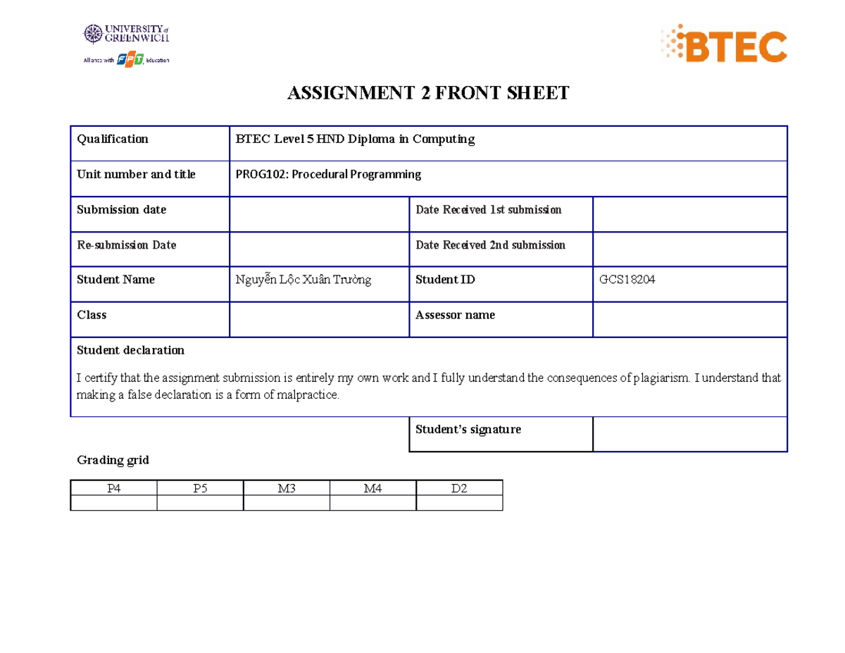 PROG102 - Assignment 2 frontsheet - ASSIGNMENT 2 FRONT SHEET ...