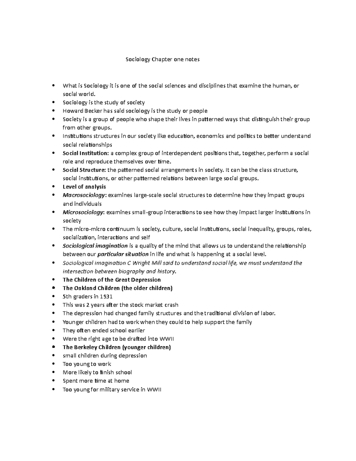 Sociology Chapter one notes - Sociology is the study of society Howard ...