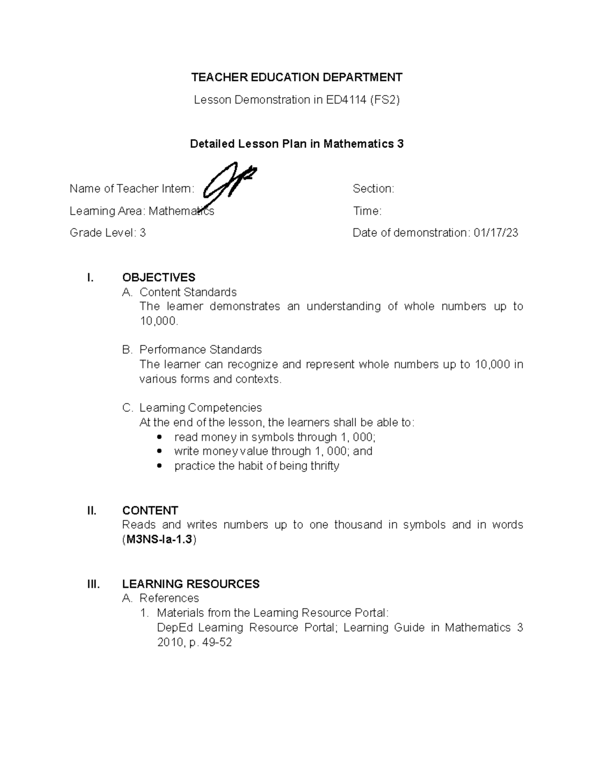 Detailed Lesson Plan in Math - TEACHER EDUCATION DEPARTMENT Lesson ...