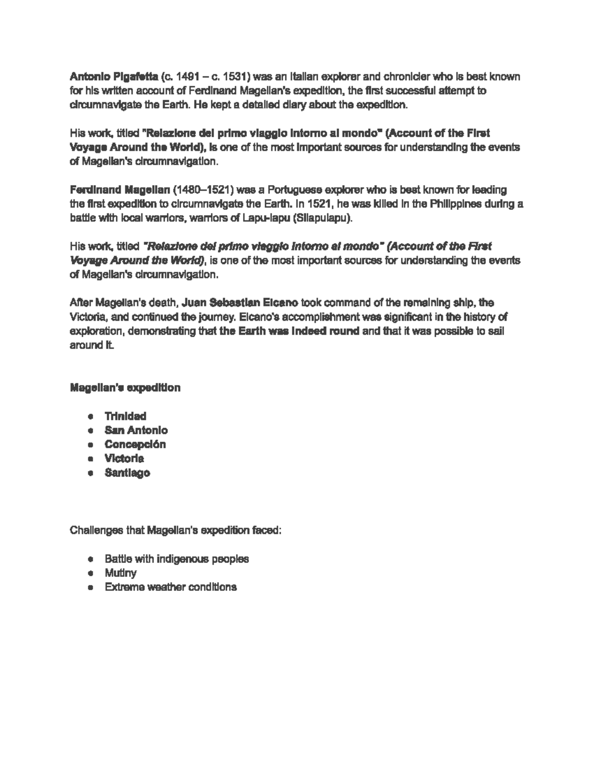 Pigafetta - Antonio Pigaffeta important events - Antonio Pigafetta (c ...