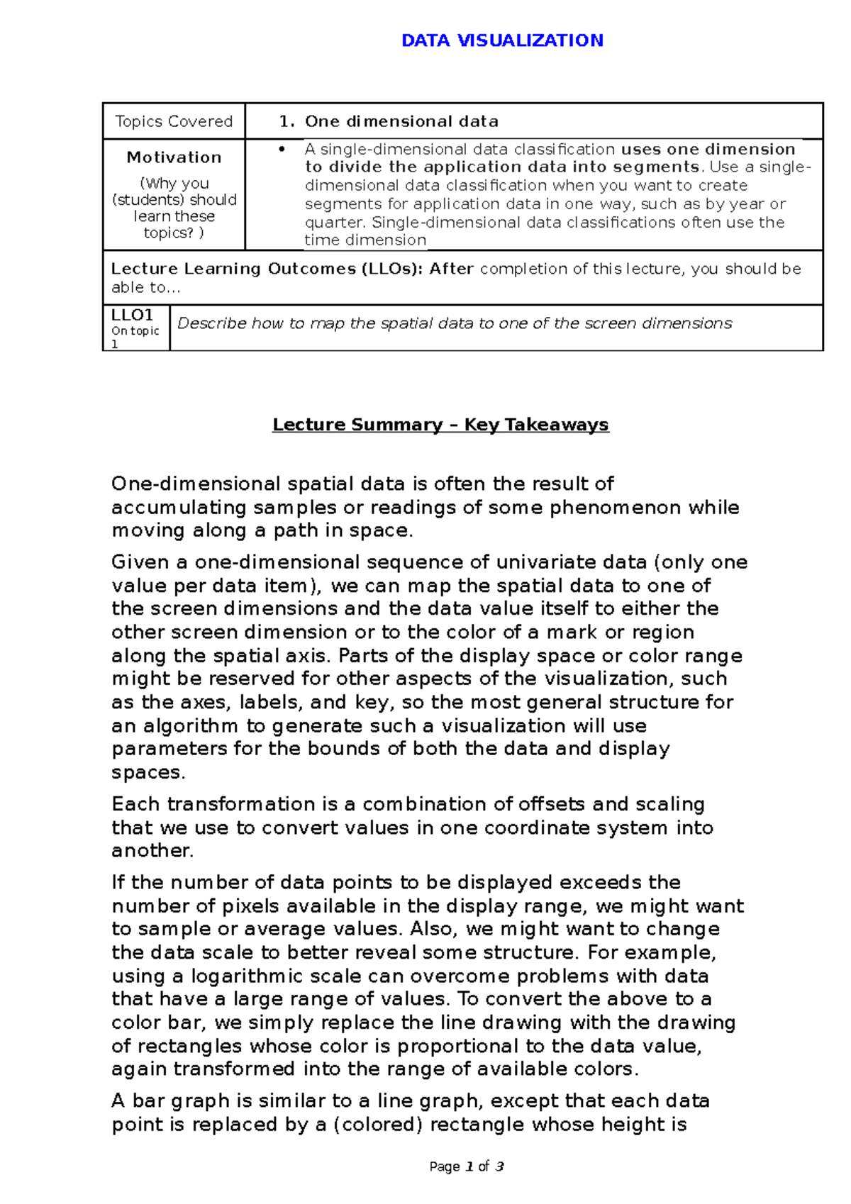 One Dimensional Data Data Visualization Topics Covered 1 One Dimensional Data Motivation Why