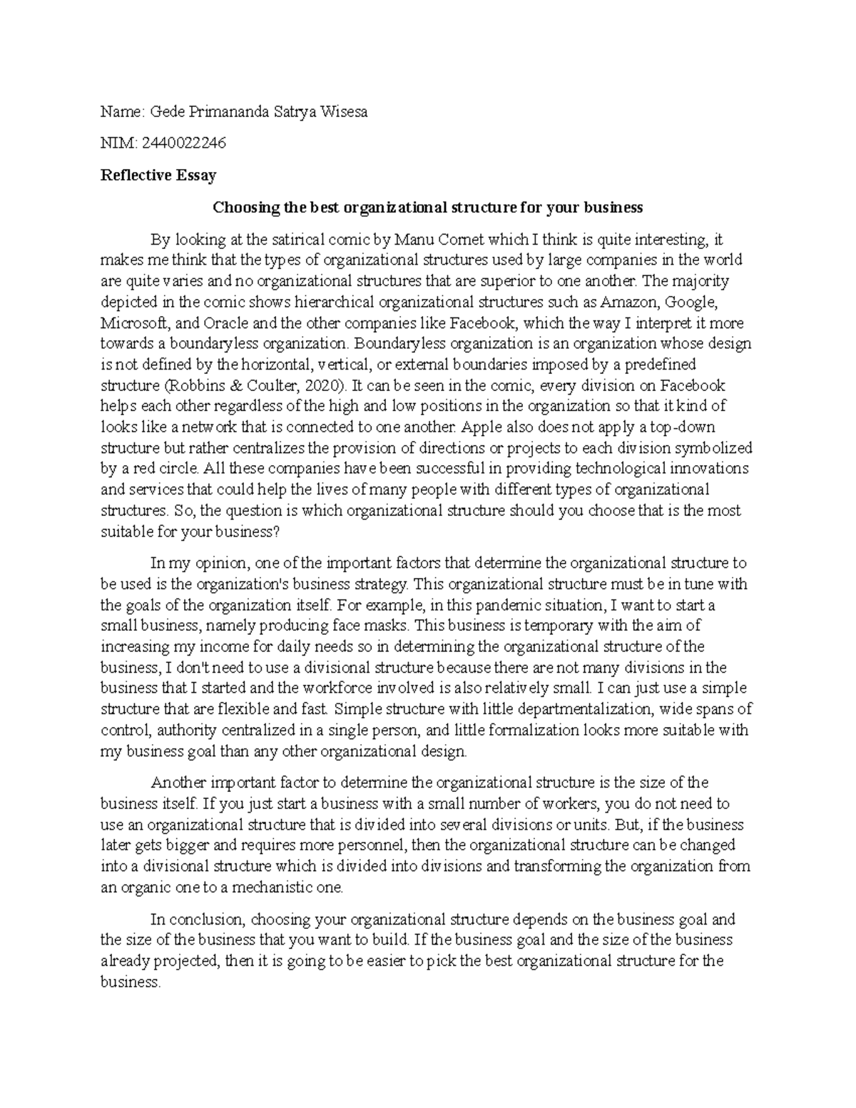 [Reflective Essay] Organizational Structure - Name: Gede Primananda ...