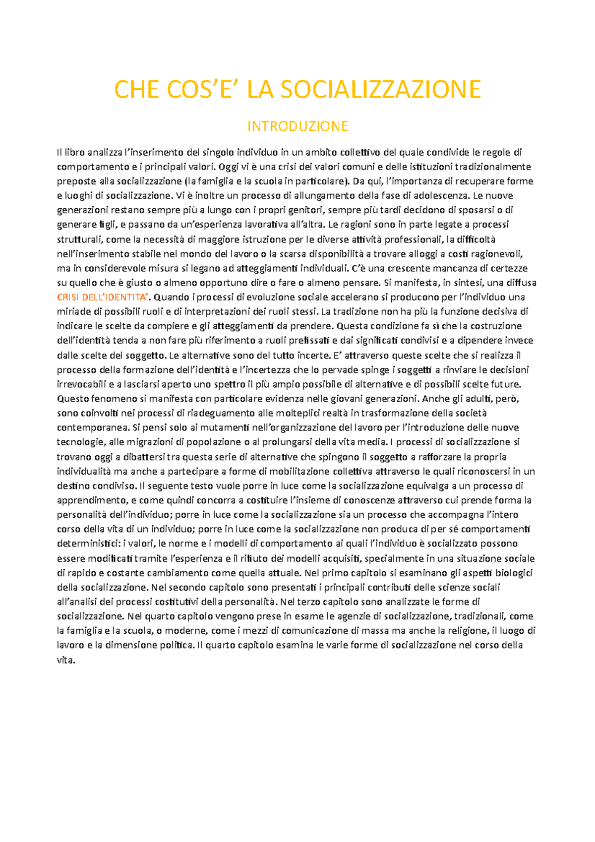 Che cos'è la socializzazione - CHE LA SOCIALIZZAZIONE INTRODUZIONE Il ...
