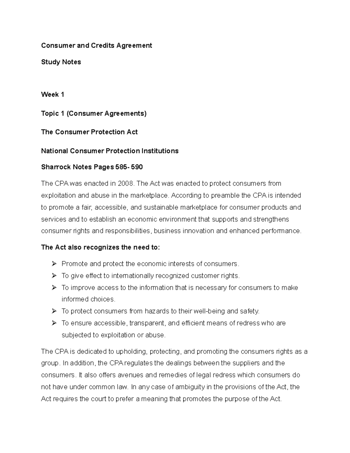 Consumer and Credits Agreement - The Act was enacted to protect ...