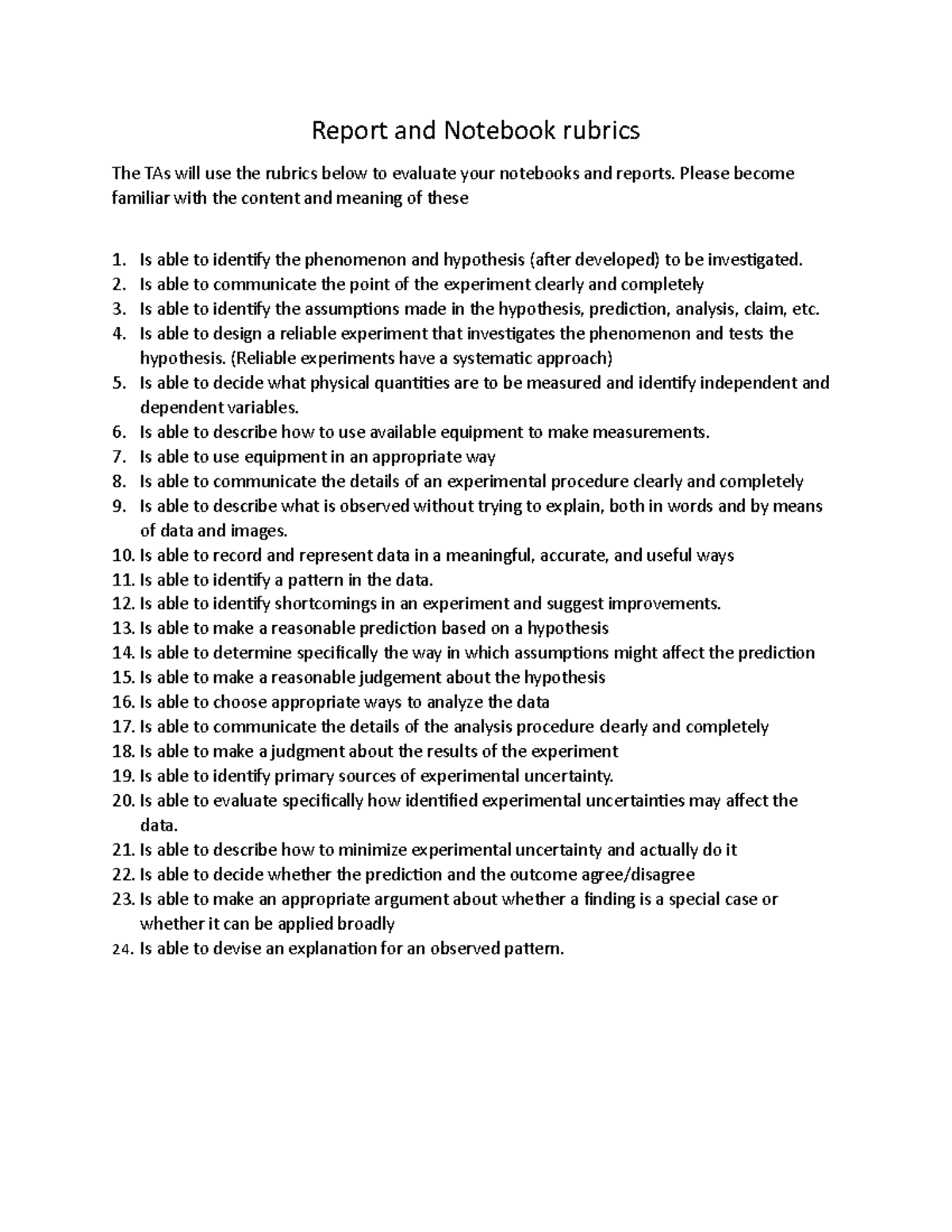 Lab report and notebook rubrics - Report and Notebook rubrics The TAs ...