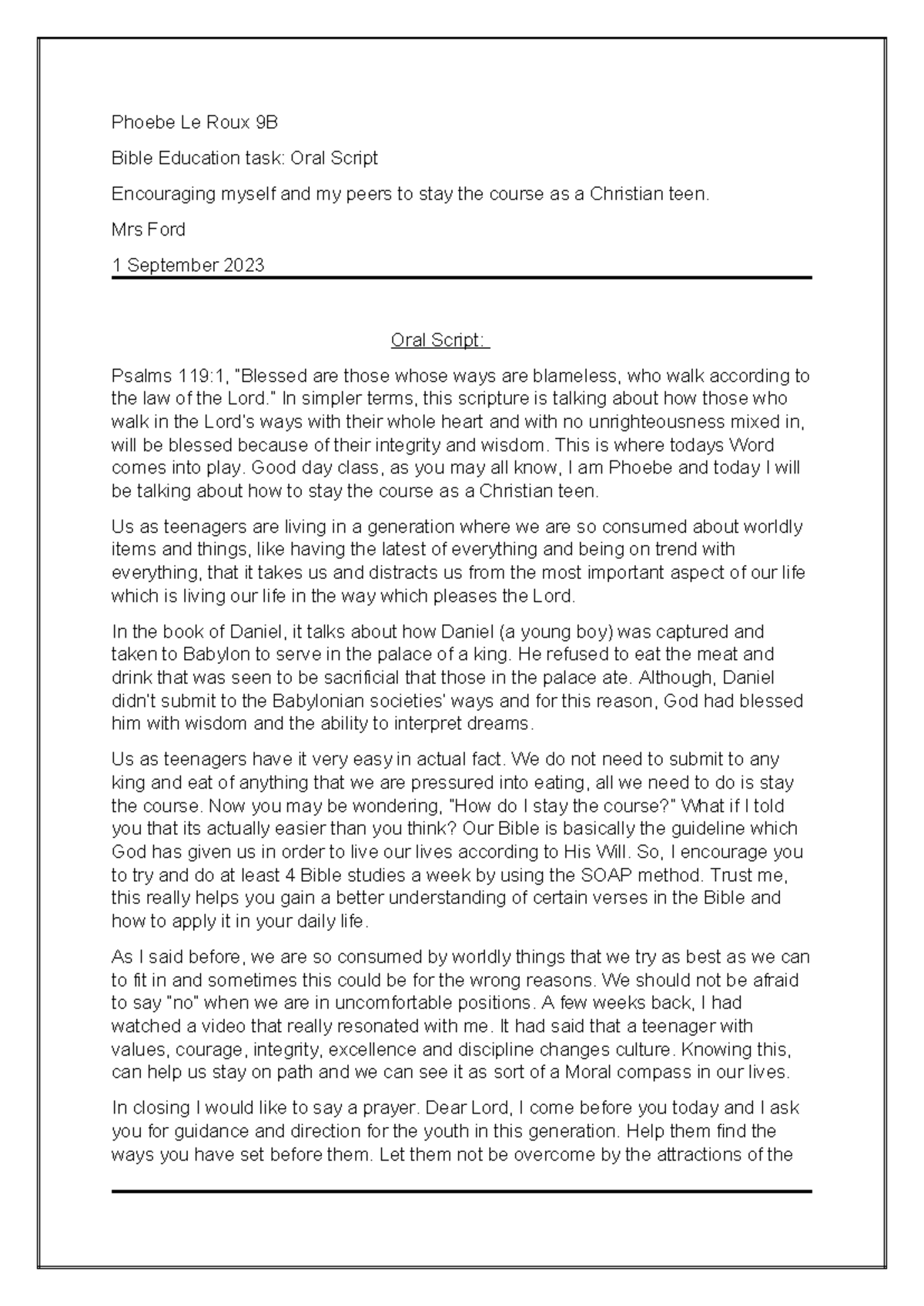 Bible presentation - Phoebe Le Roux 9B Bible Education task: Oral ...