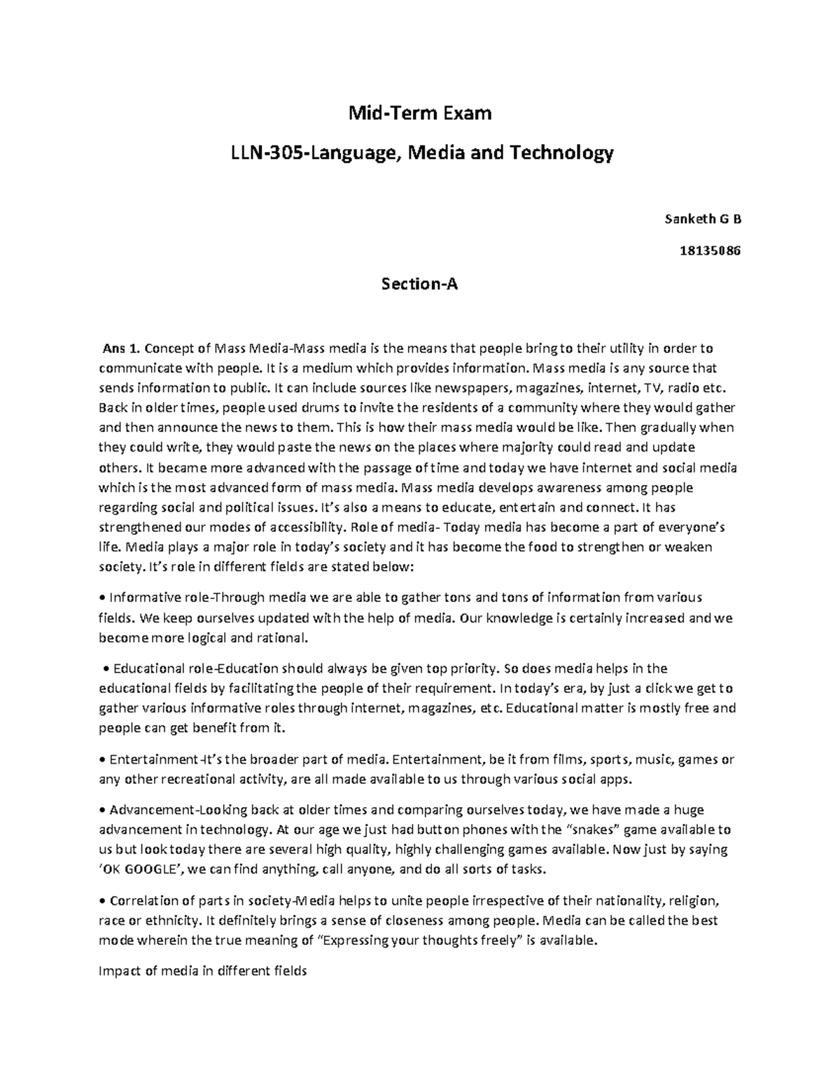 LLN 305 MID 18135086 - Mid-Term Exam LLN-305-Language, Media and Technology Sanketh G B 18135086 ...