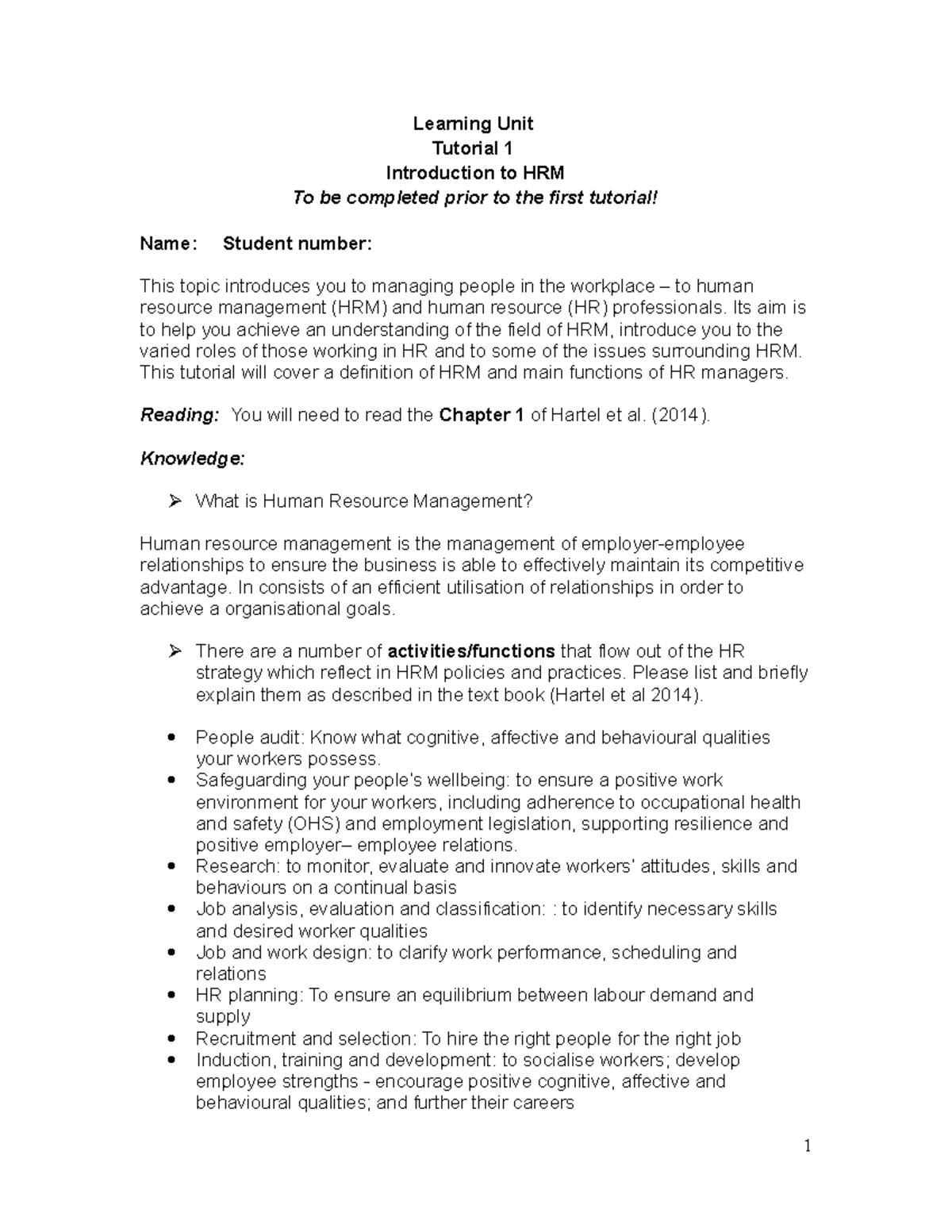 Tutorial 1 Introduction To Hrm Learning Unit Tutorial 1 Introduction