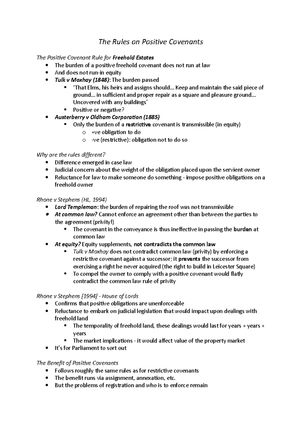 The Rules on Positive Covenants - .. Keep and maintain the said piece ...