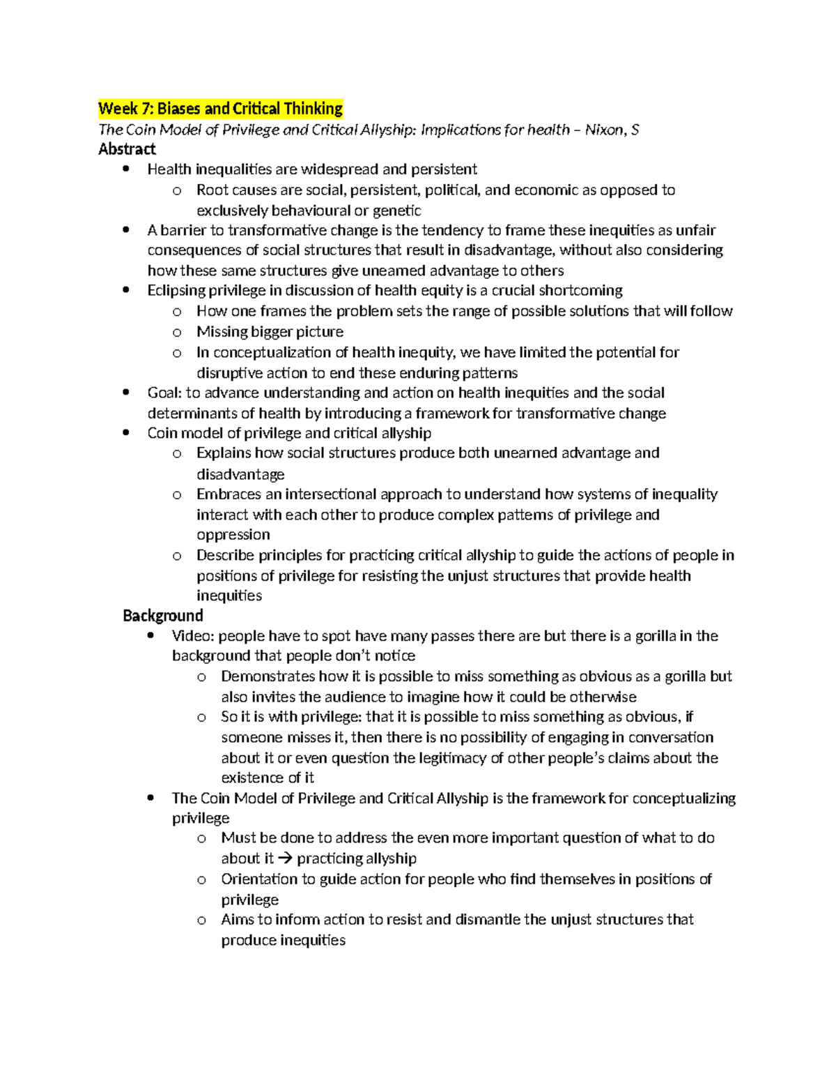 Week 7 notes - Week 7: Biases and Critical Thinking The Coin Model of ...