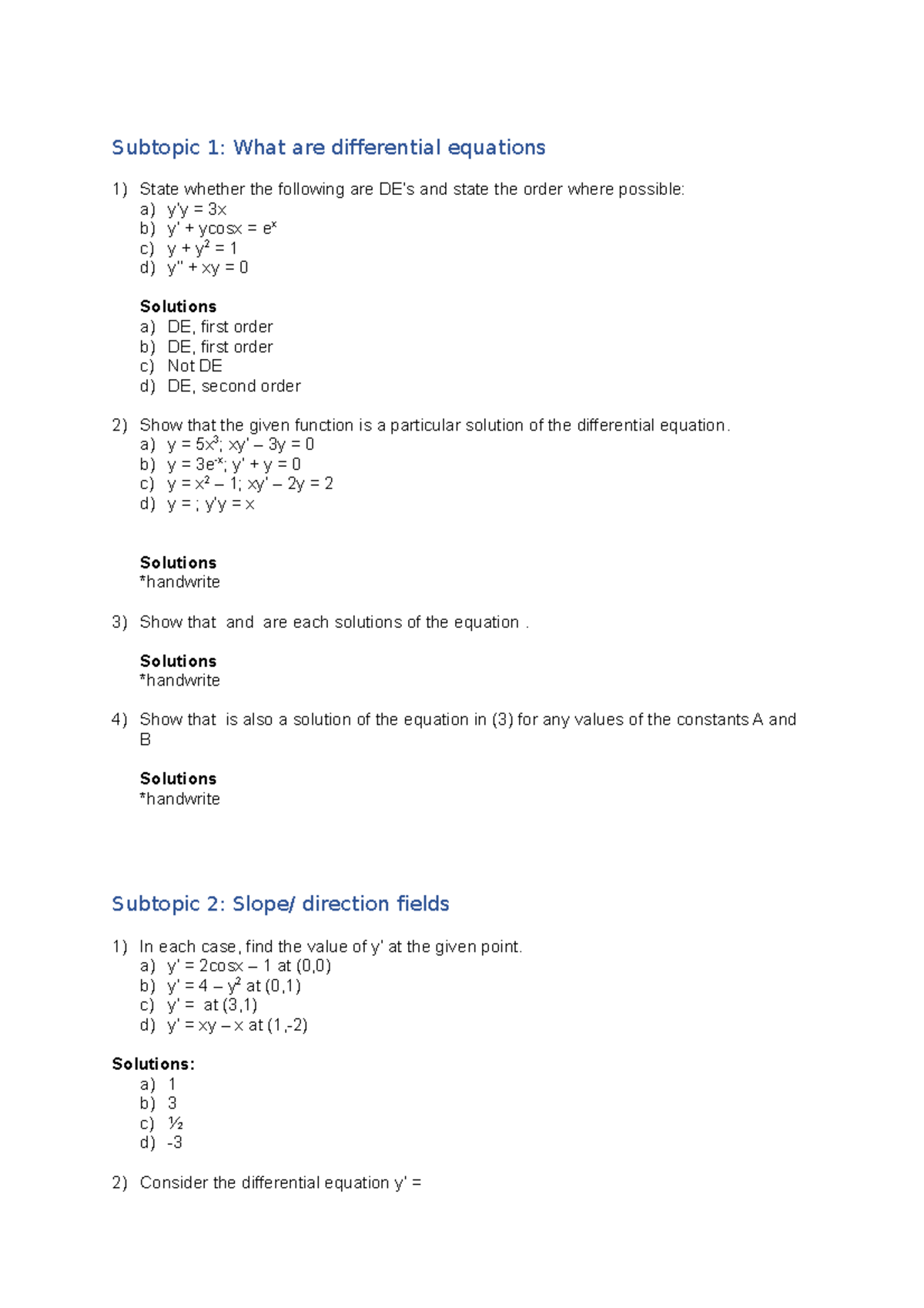 Qq ans diff eqns - Solutions to differential equations quick quiz ...