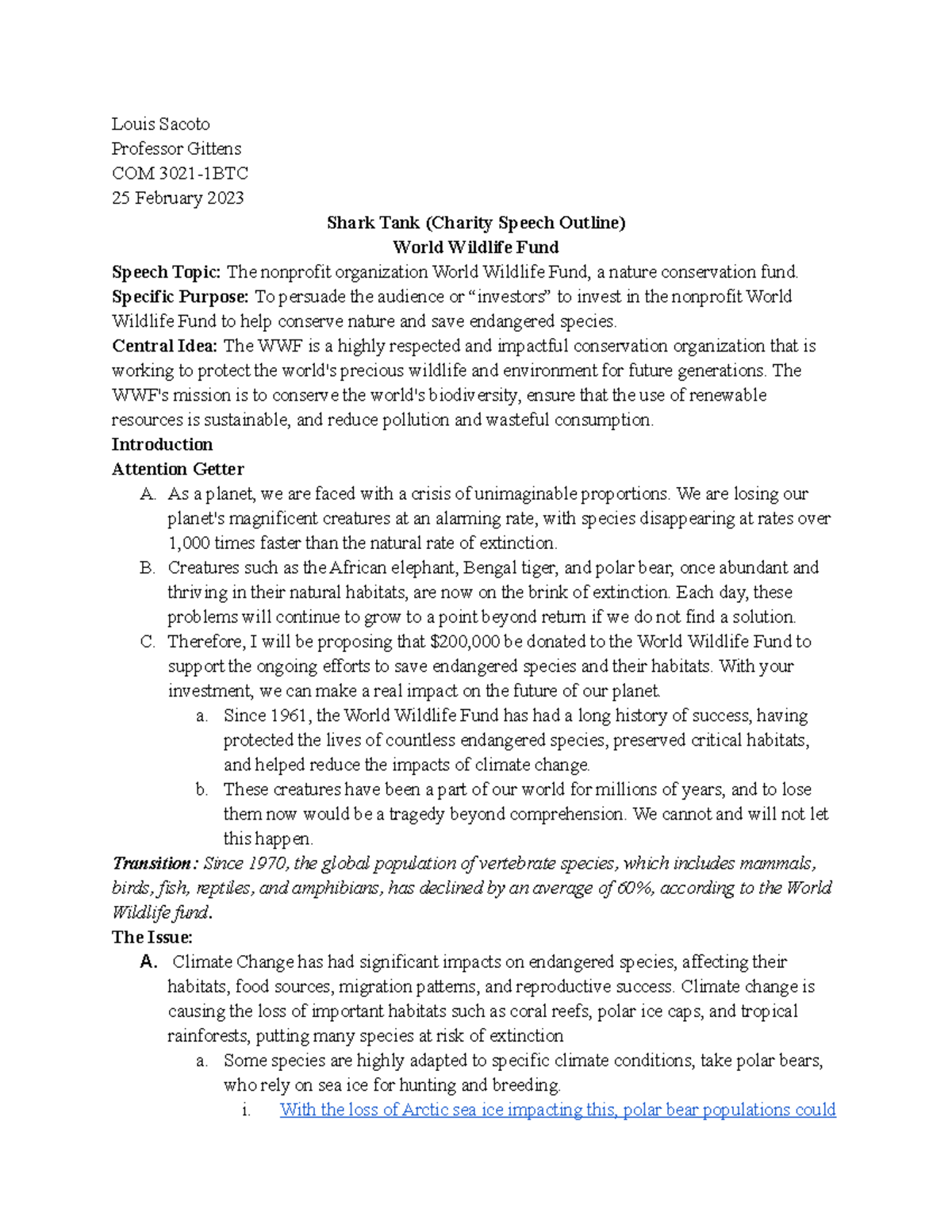 Shark Tank (Charity Speech Outline) - World Wildlife Fund - Studocu