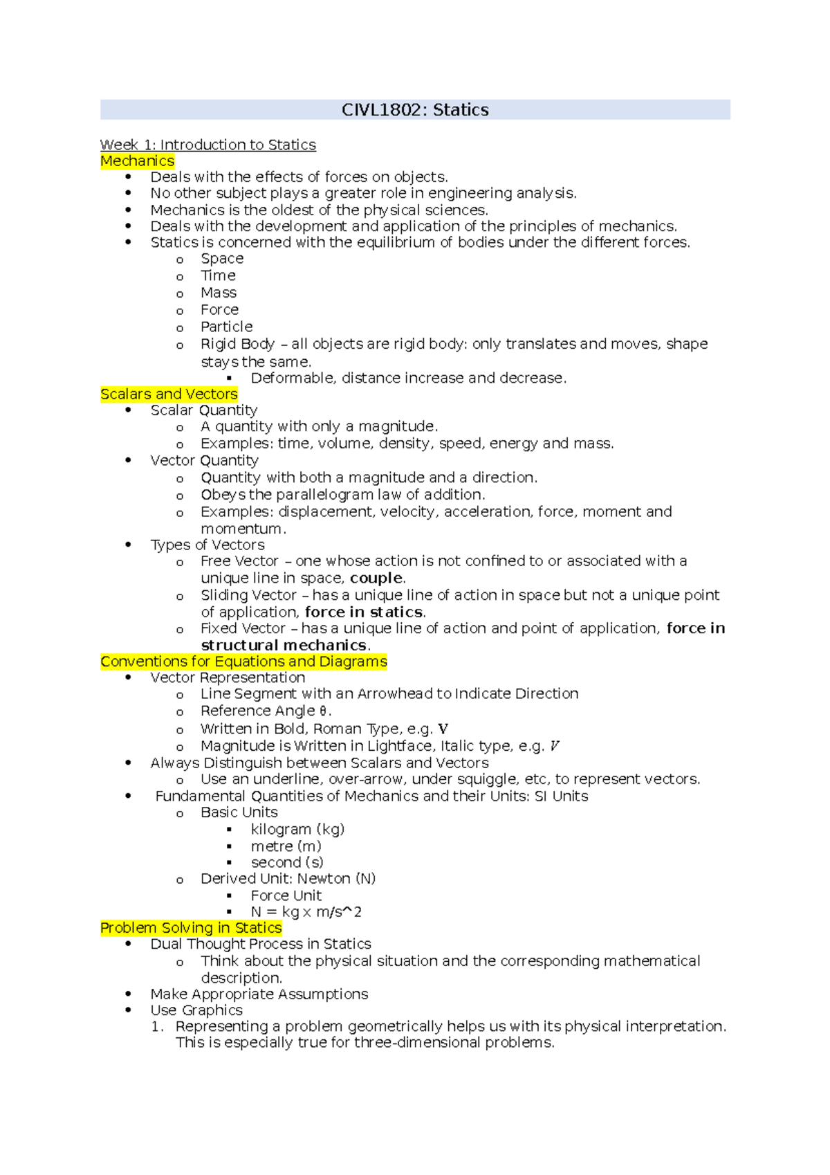 CIVL1802 Lecture Notes - CIVL1802: Statics Week 1: Introduction to ...