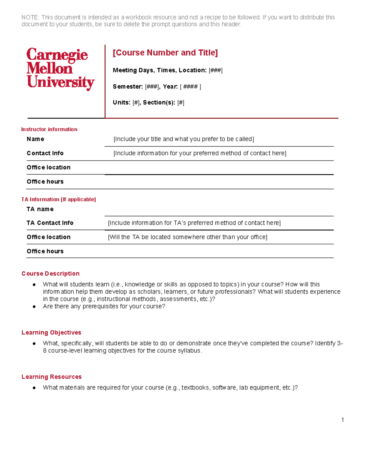 CMU Syllabus Template - Lecture notes of Carnegie Skills Workshop at ...