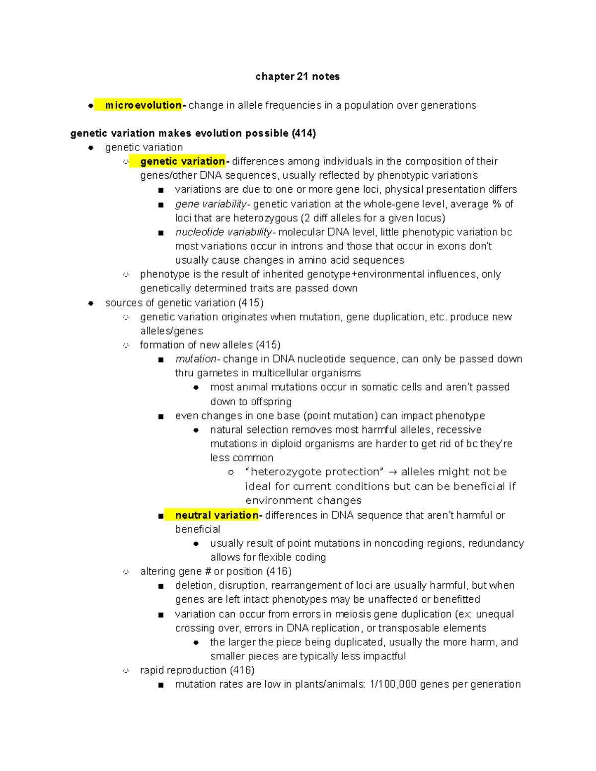 Chapter 21 notes - chapter 21 notes microevolution- change in allele ...