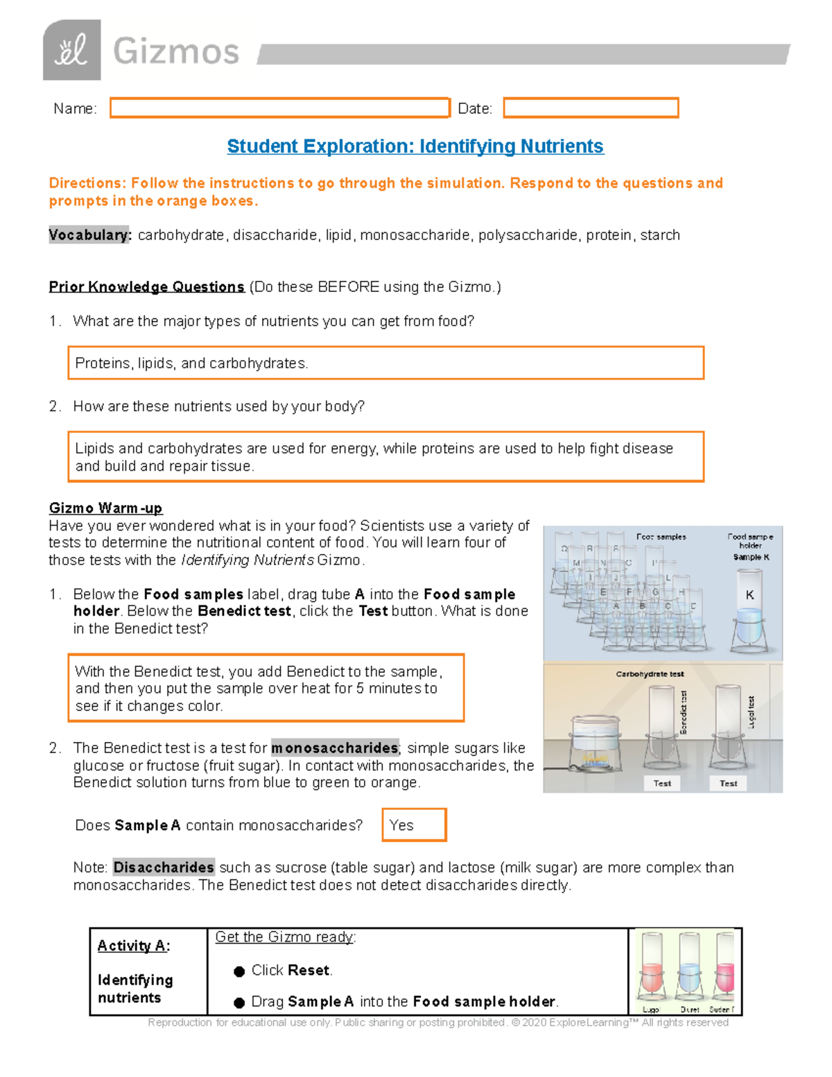 Gizmo Identifying Nutrients - Name: Date: Student Exploration: Identifying Nutrients Directions ...