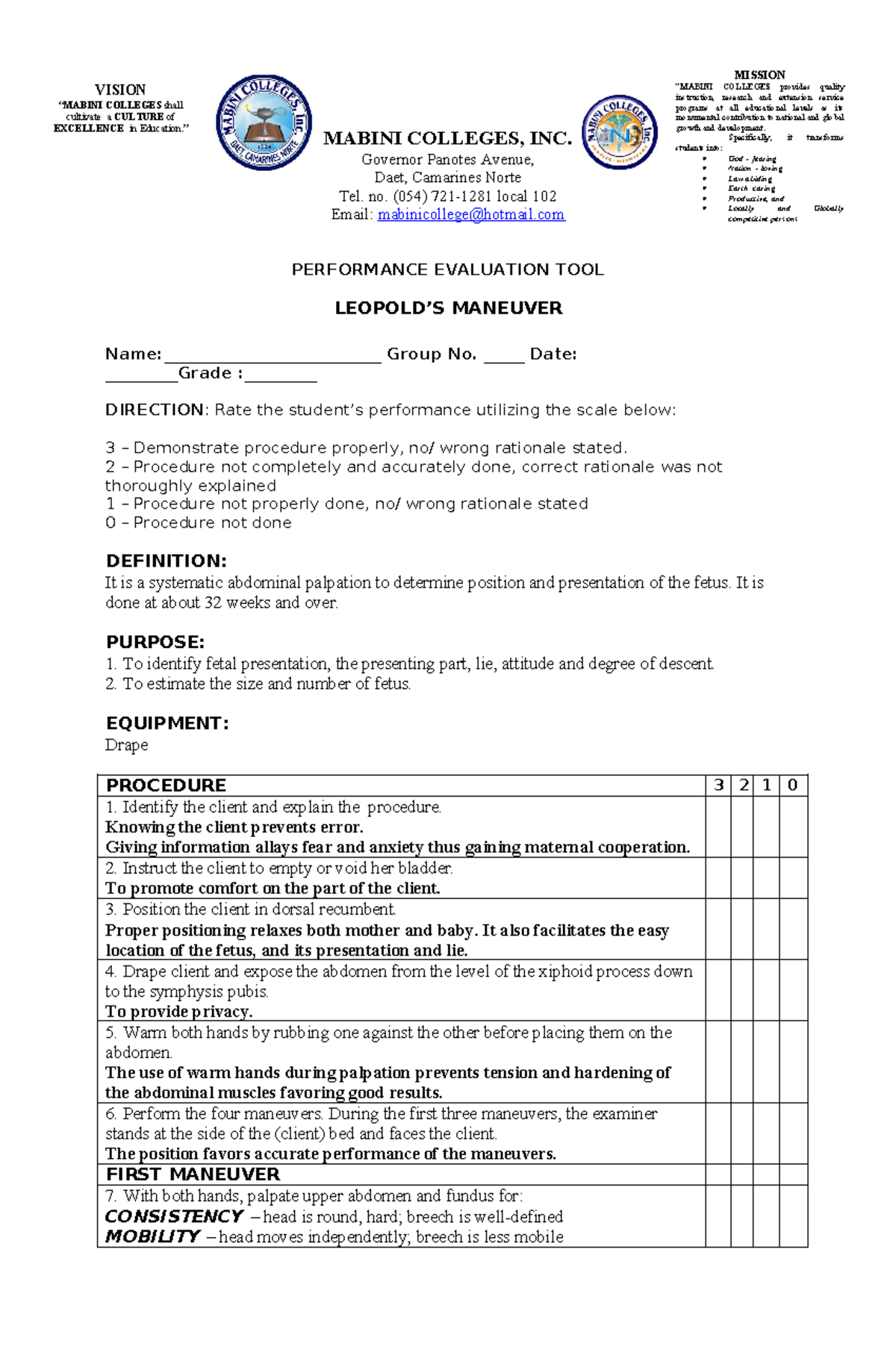 Leopolds- Maneuver- Checklist - MABINI COLLEGES, INC. Governor Panotes ...