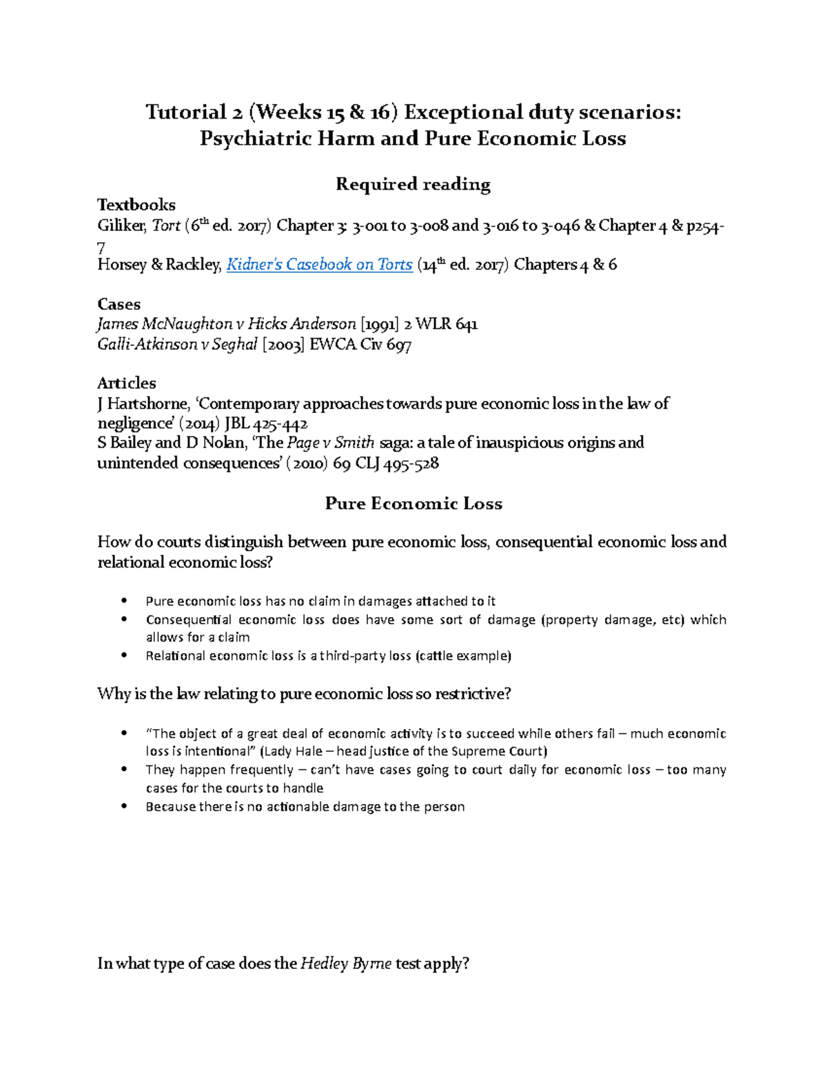 Tutorial 2 - Pure Economic Loss and Psychiatric Harm - Tutorial 2 ...