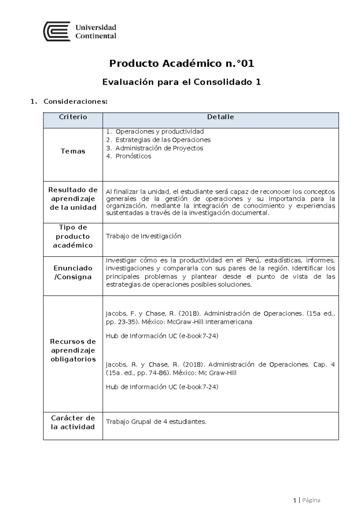 2. PA01 consolidado 1 terminado - Producto Académico n.° Evaluación para el Consolidado 1 1 ...
