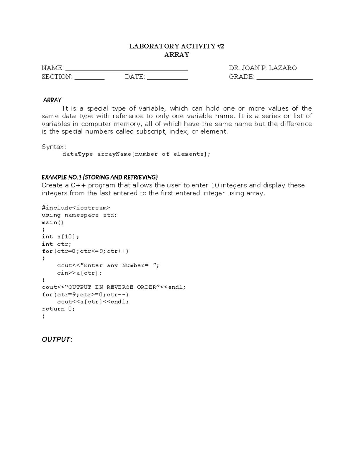 Lab-Activity-2 - LABORATORY ACTIVITY ARRAY NAME: DR. JOAN P. LAZARO ...