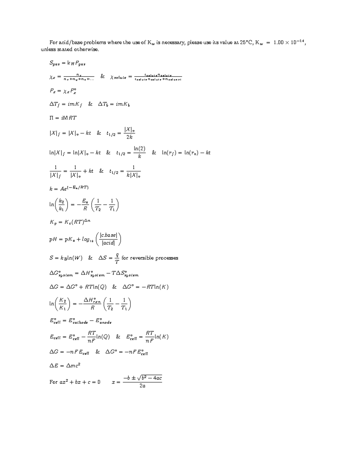 Equation sheet - unless stated otherwise acid/base problems where the ...