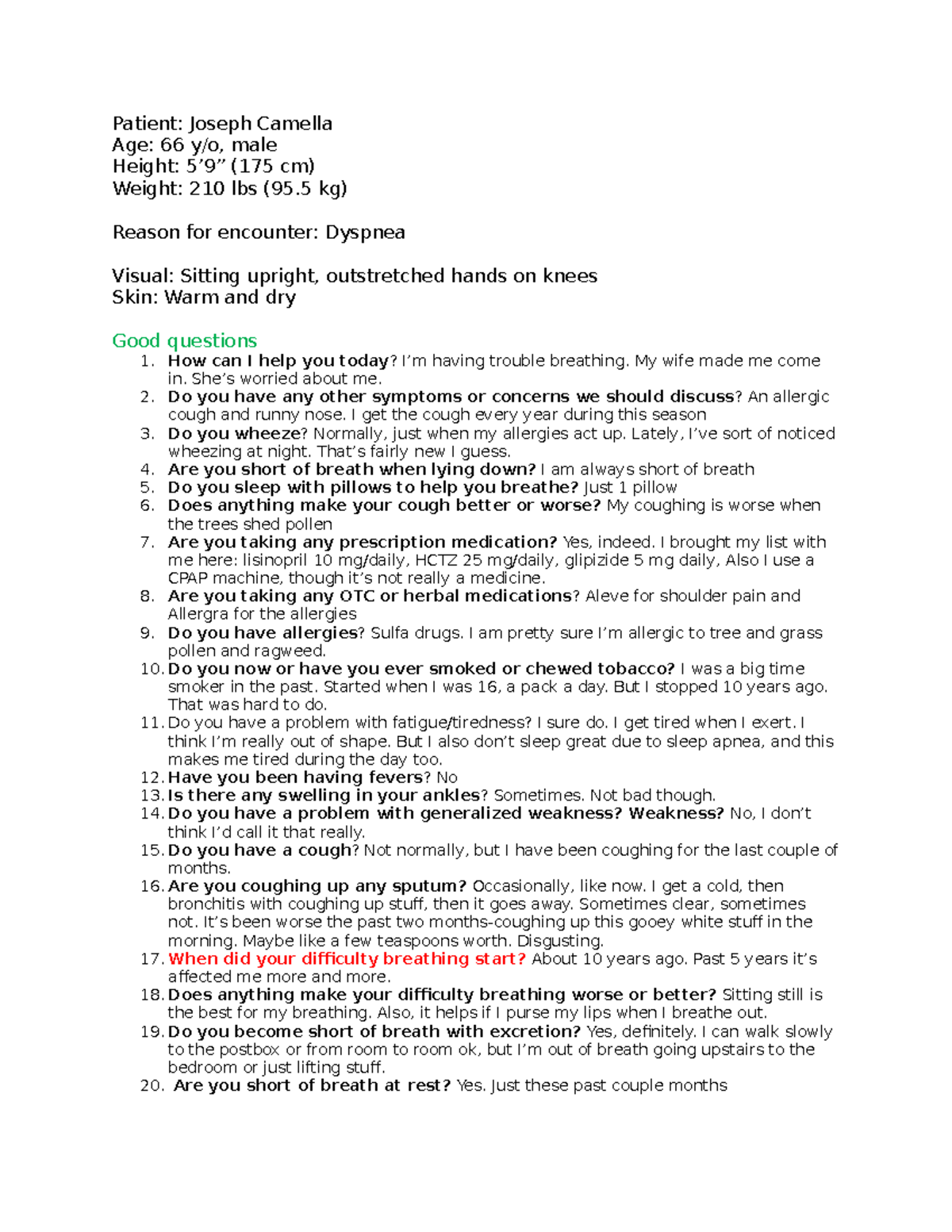 NR603 Week 3 i Human Notes - Patient: Joseph Camella Age: 66 y/o, male ...