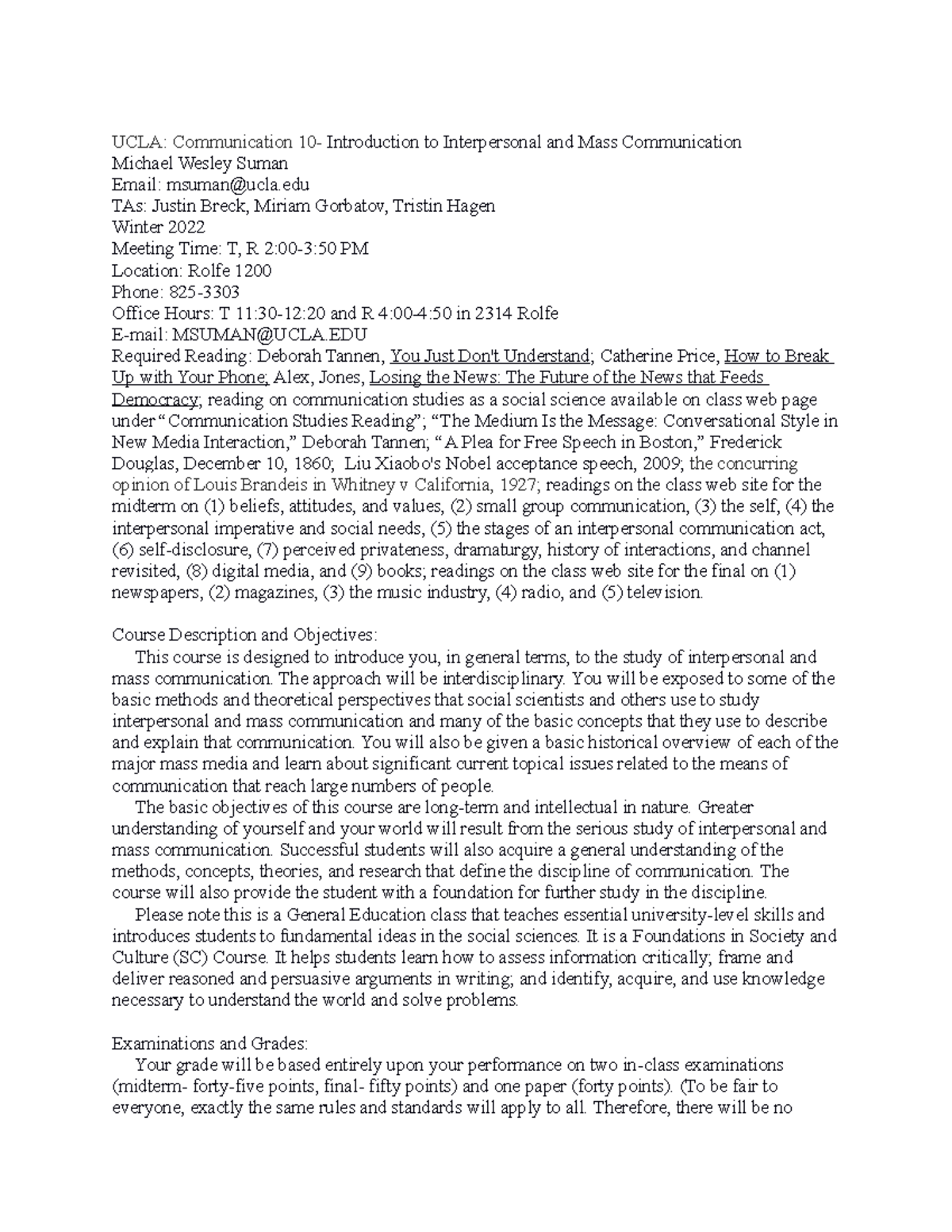 Winter 2022 syllabus - UCLA: Communication 10- Introduction to Interpersonal and Mass ...