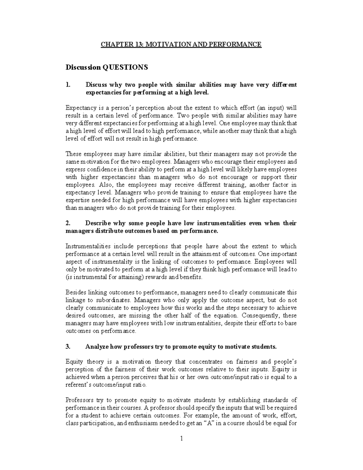 Chapter 13 - Motivation AND Performance ( Answers TO Discussion ...