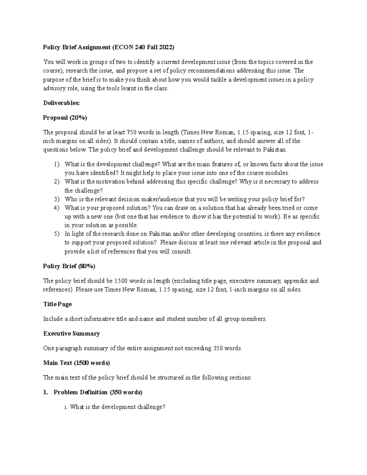 ECON 240- Policy Brief Guidelines - Policy Brief Assignment (ECON 240 ...