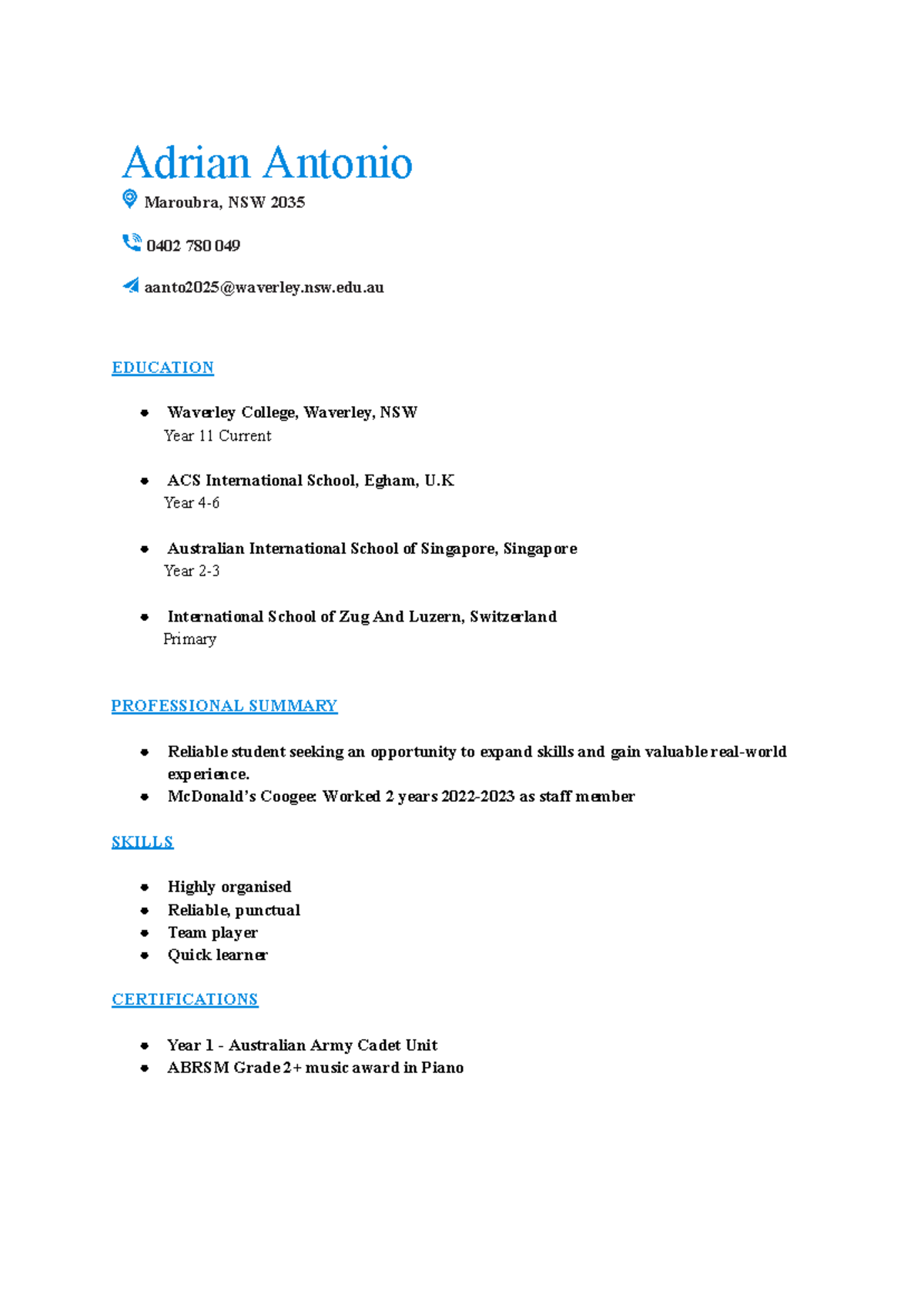 Adrian Antonio Resume - Adrian Antonio Maroubra, NSW 2035 0402 780 049 ...