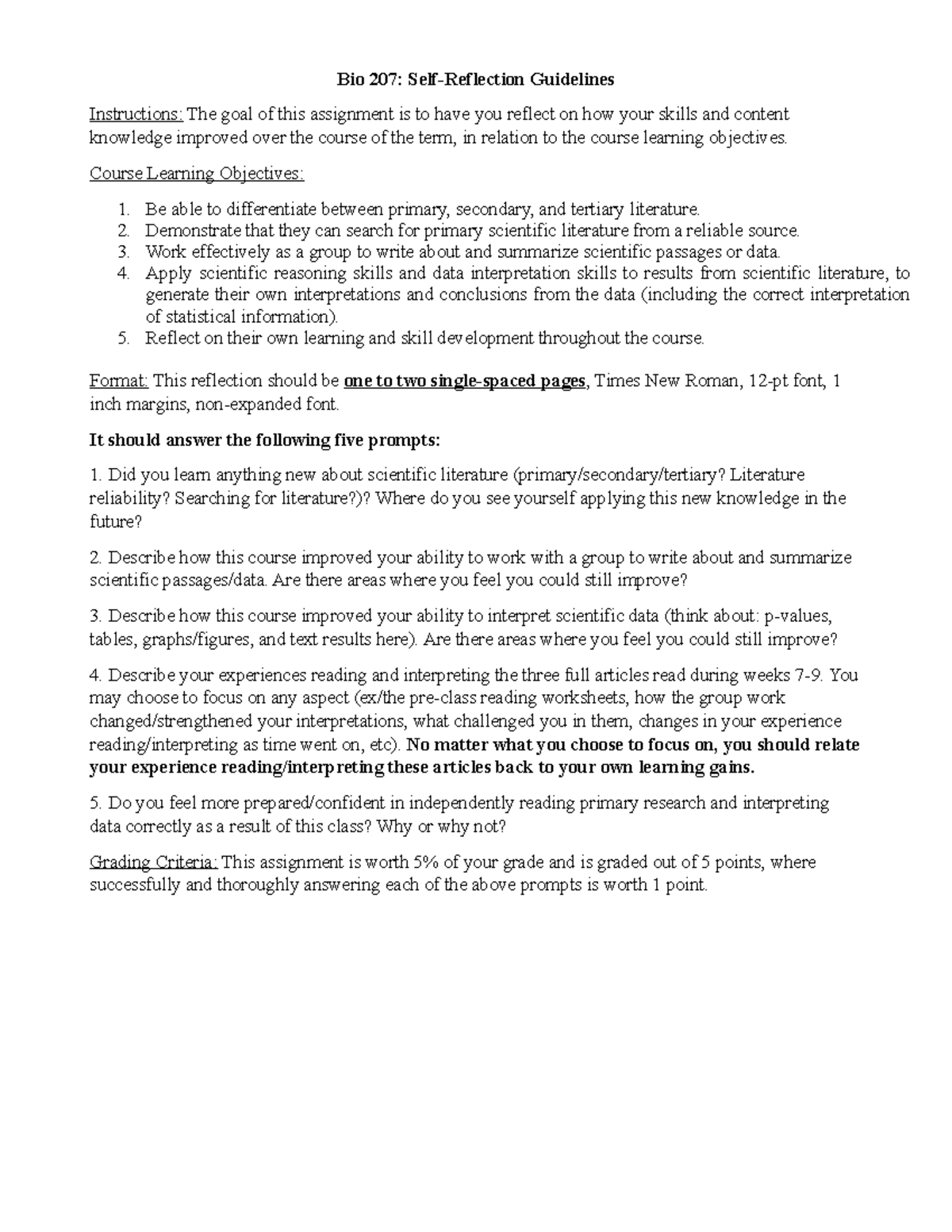 Bio 207.Self Reflection(3) - Bio 207: Self-Reflection Guidelines ...