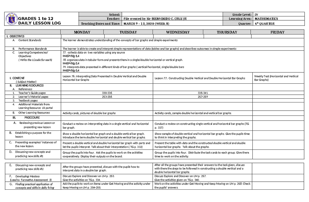 DLL Mathematics 4 Q4 W8 - for practice - GRADES 1 to 12 DAILY LESSON ...