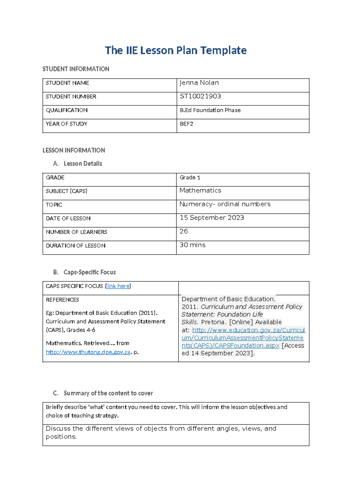 Maths independent lesson plan - The IIE Lesson Plan Template STUDENT ...