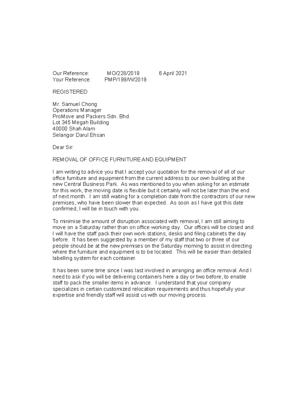 Business Letter 1 - obm121 - Our Reference: MO/228/2019 6 April 2021 Your Reference: PMP/199/W ...