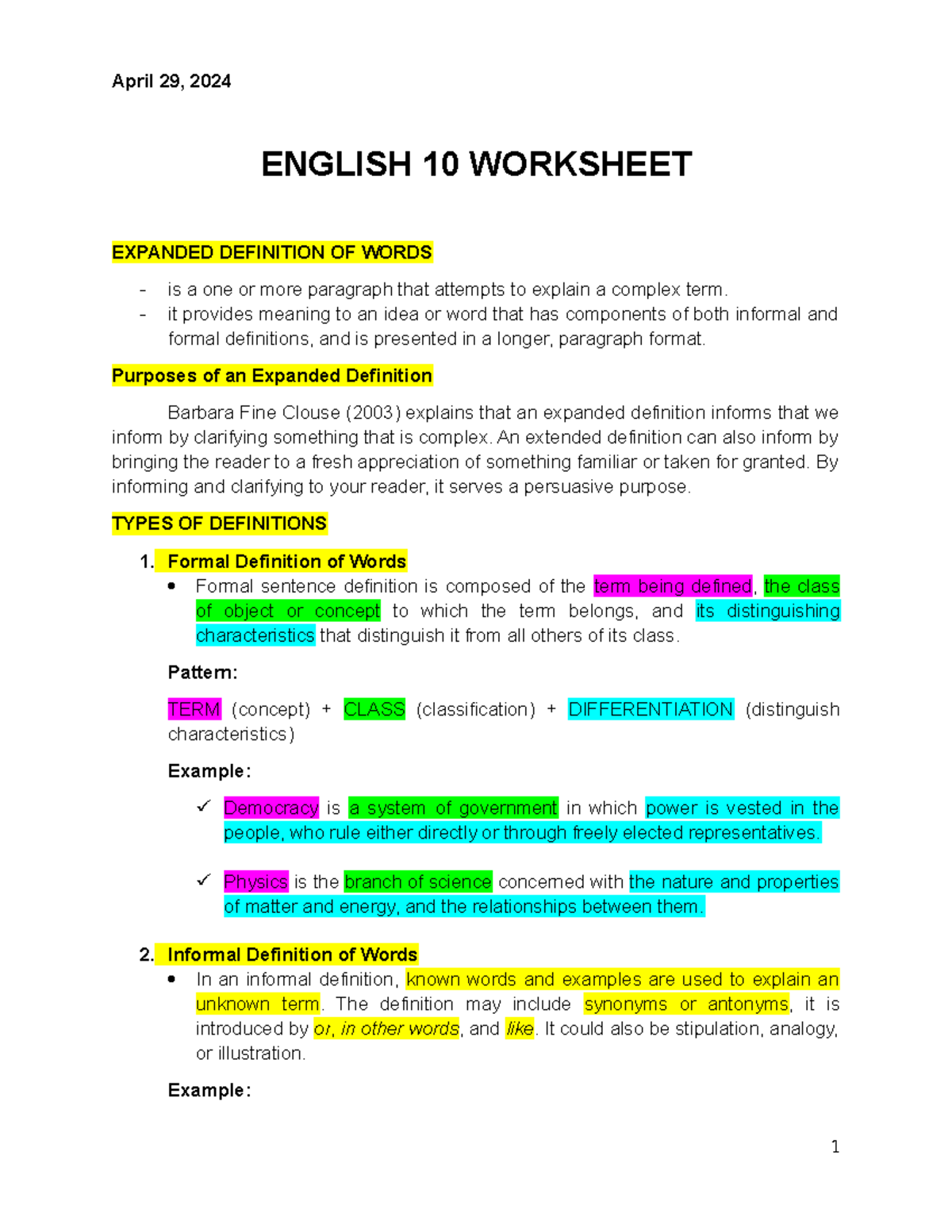 English 10 Worksheet Expanded - April 29, 2024 ENGLISH 10 WORKSHEET ...