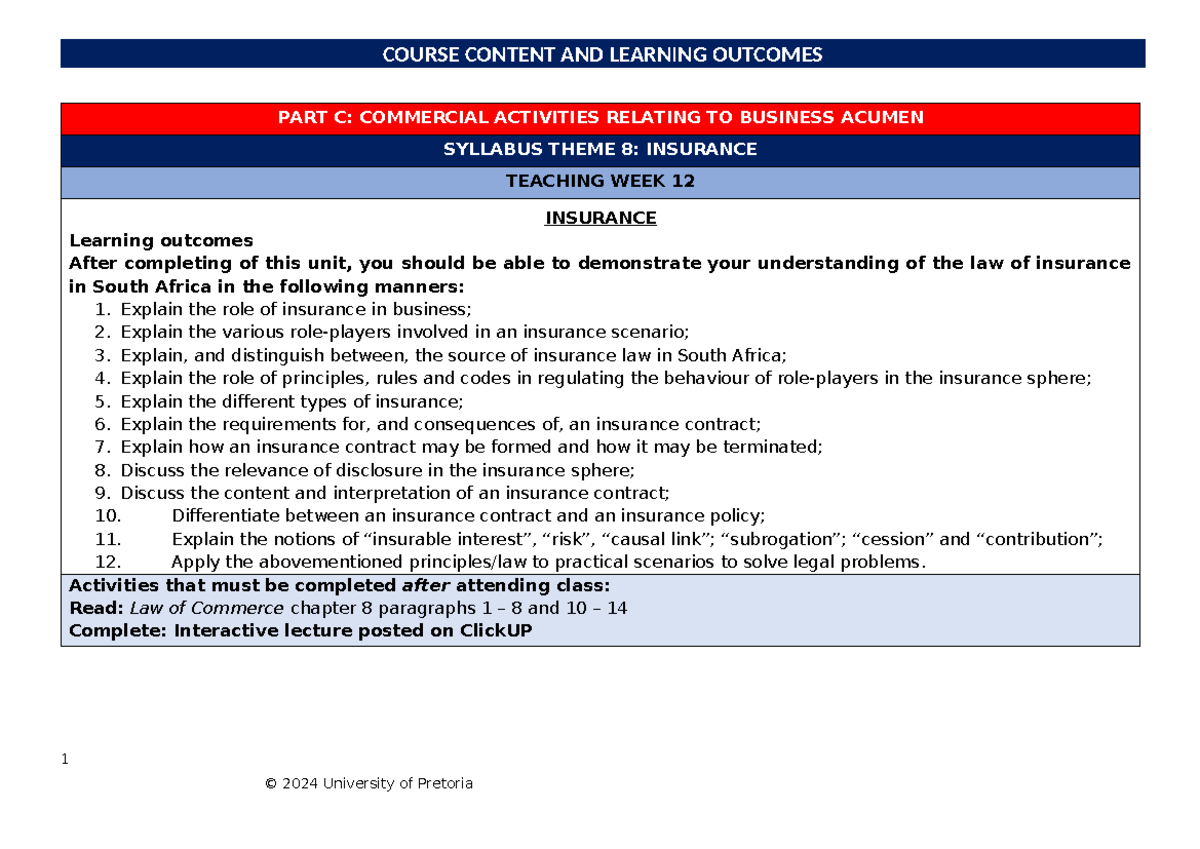 Learning Outcomes KRG 201 Insurance - COURSE CONTENT AND LEARNING ...