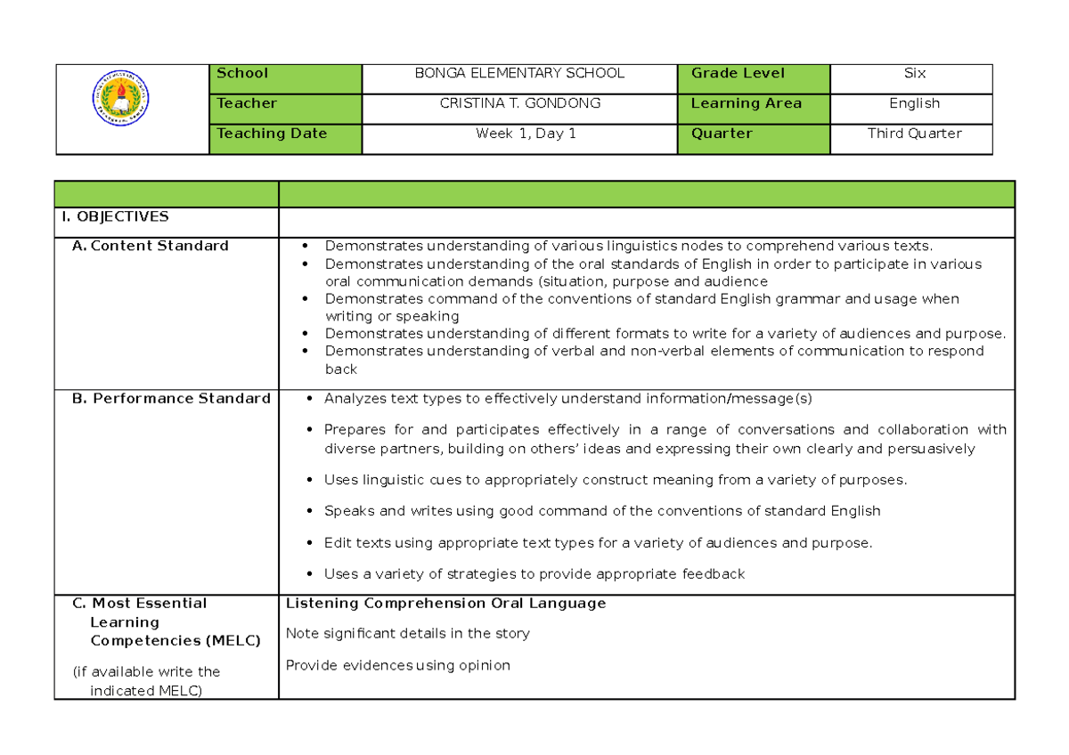 English w1d1 - lesson plan in Grade 6 - School BONGA ELEMENTARY SCHOOL ...