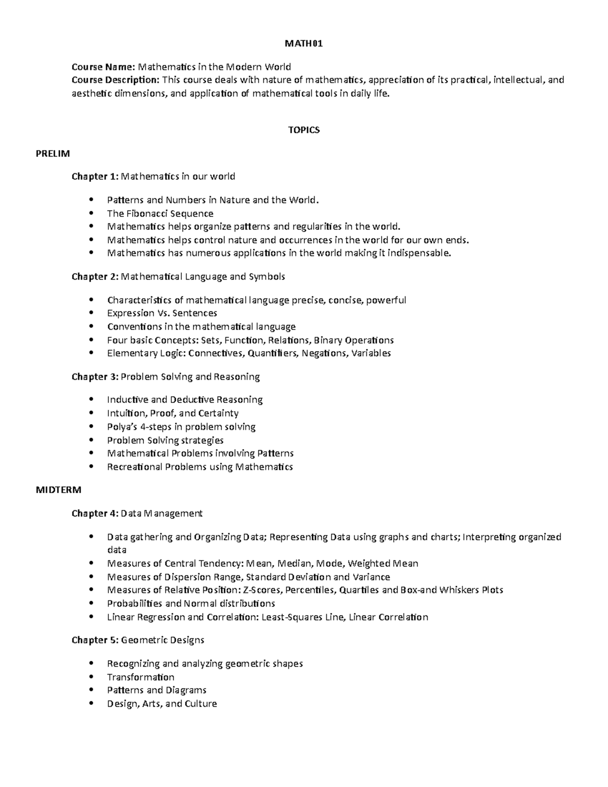MATH01-Syllabus - MATH01 Course Name: Mathematics in the Modern World ...