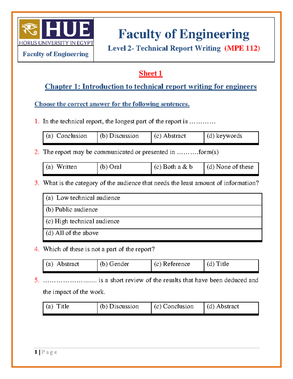 Sheet 1 Technical report writing (MPE 112) - Faculty of Engineering Level 2 - Technical Report ...