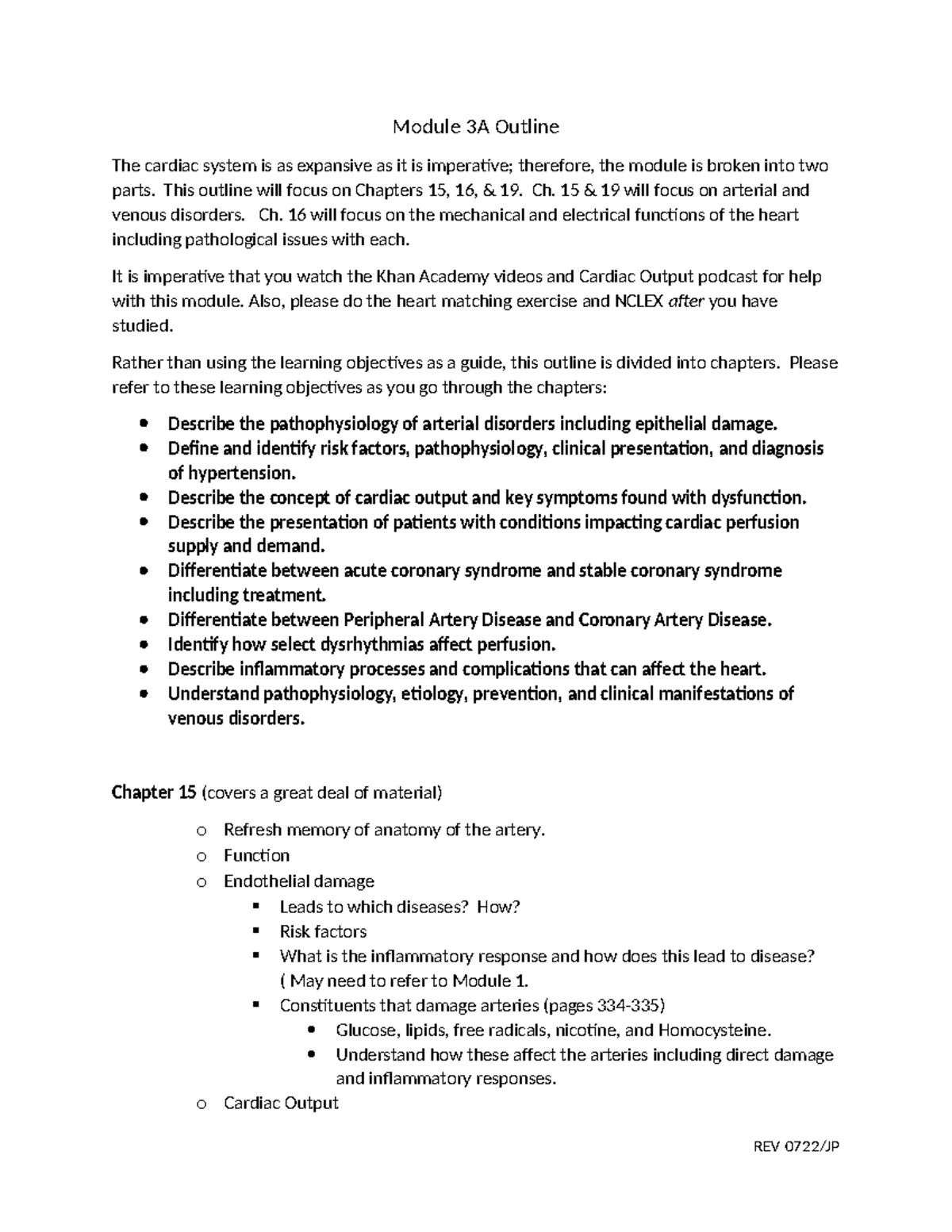 Module 3a Cardiac Outline - Module 3A Outline The cardiac system is as ...