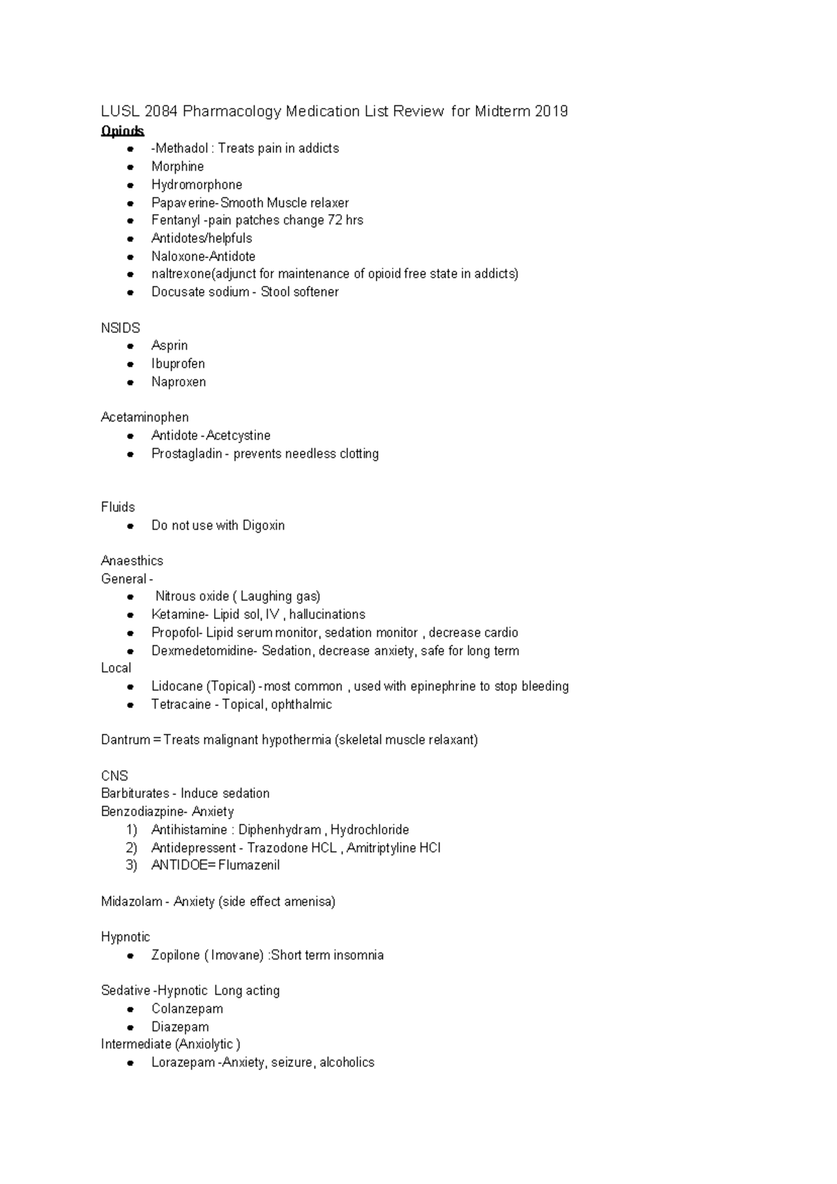 LUSL 2084 Pharmacology Medication List Review for Midterm - Studocu