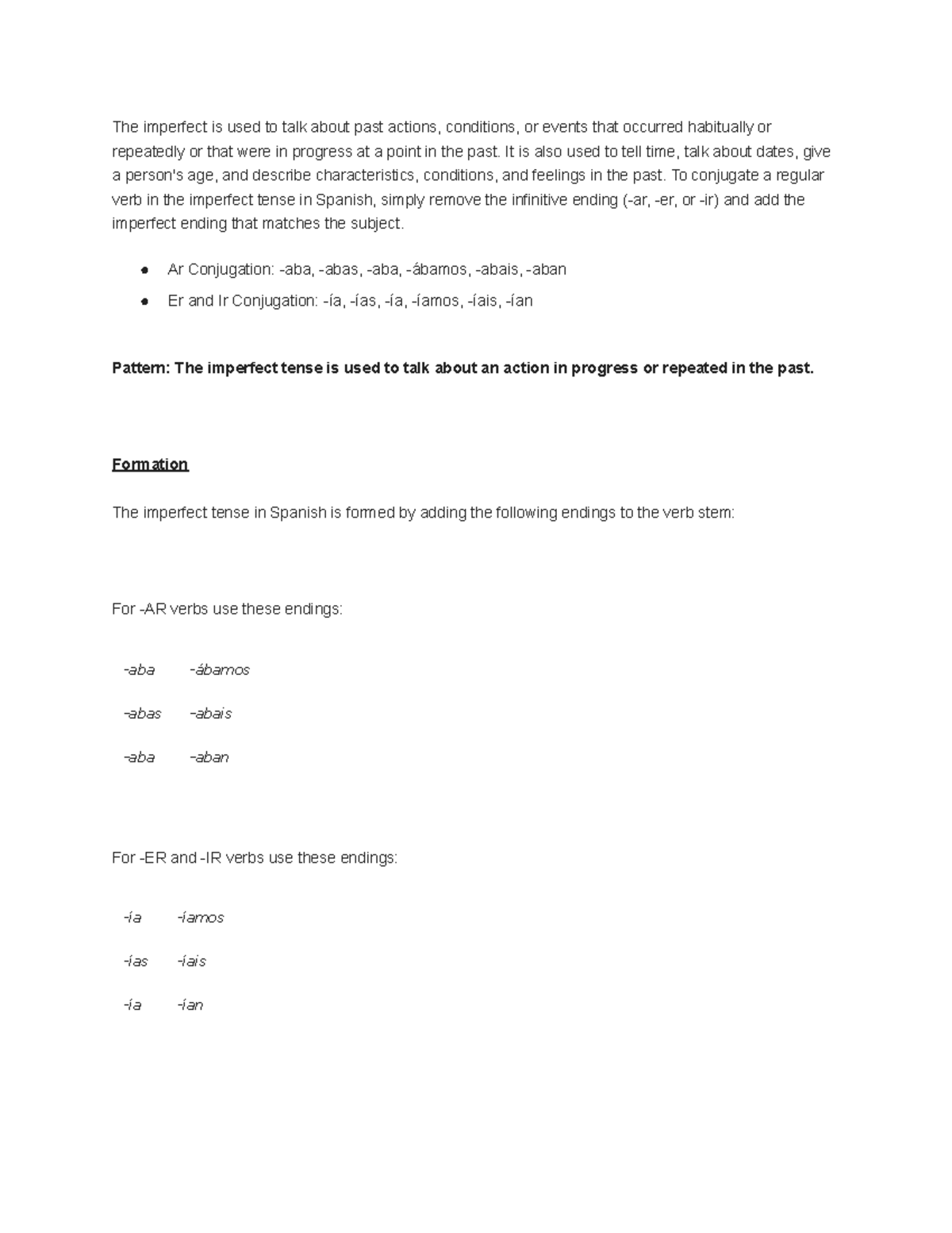 Imperfect Tense - Here are some notes you can use. - The imperfect is ...